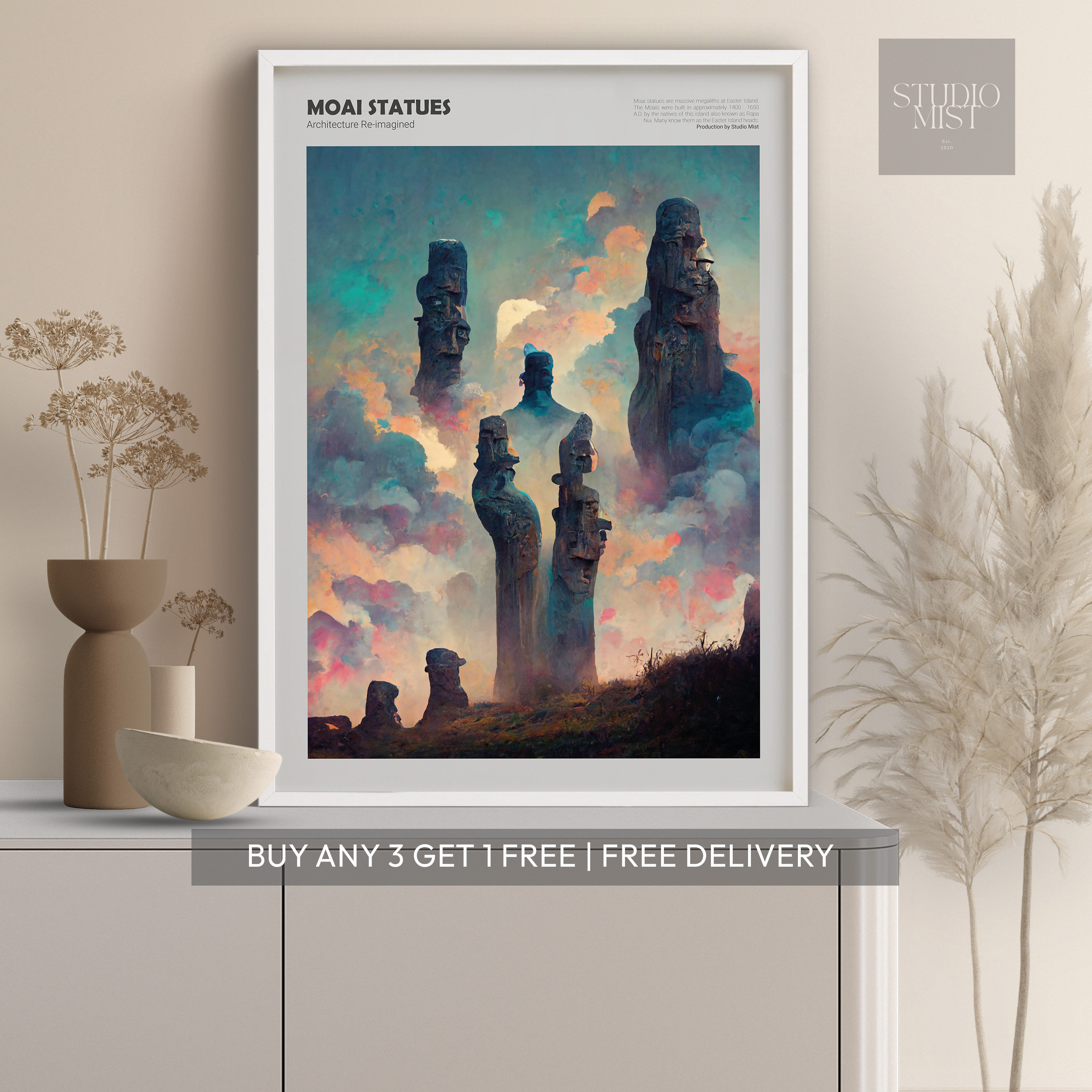 Moai Statues Easter Island Print Reimagined | Famous Iconic ...