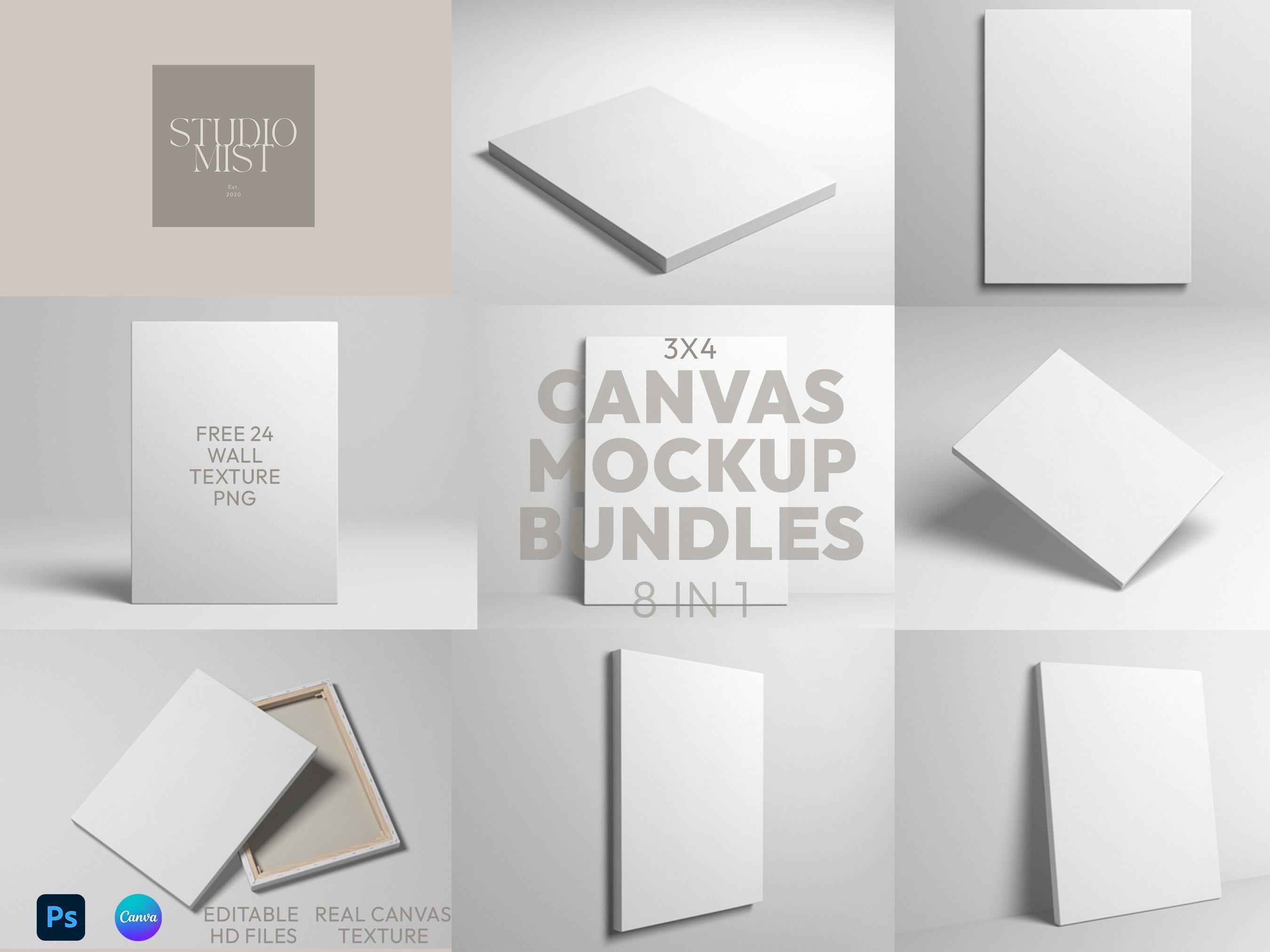 3x4 9x16 White Canvas Mockup Bundle 8in1 Free 24texture Pack Modern ...
