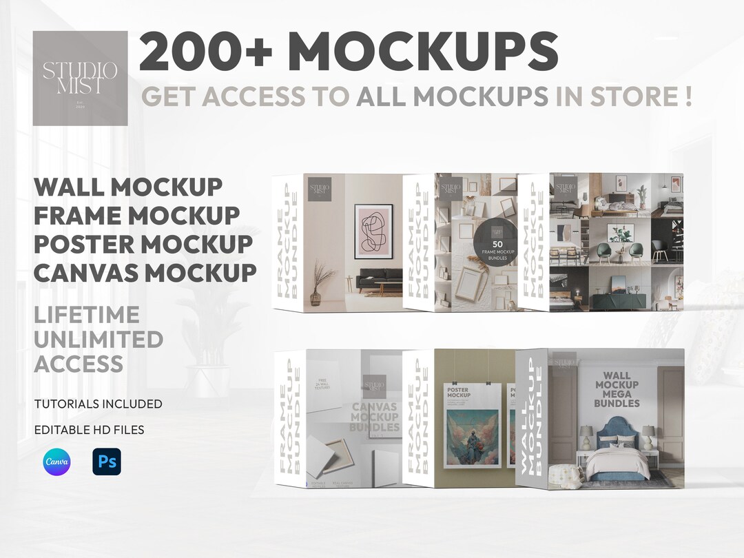 Wall Mockups Bundle, Room Poster Mockup, 200 Digital Editable Framed ...