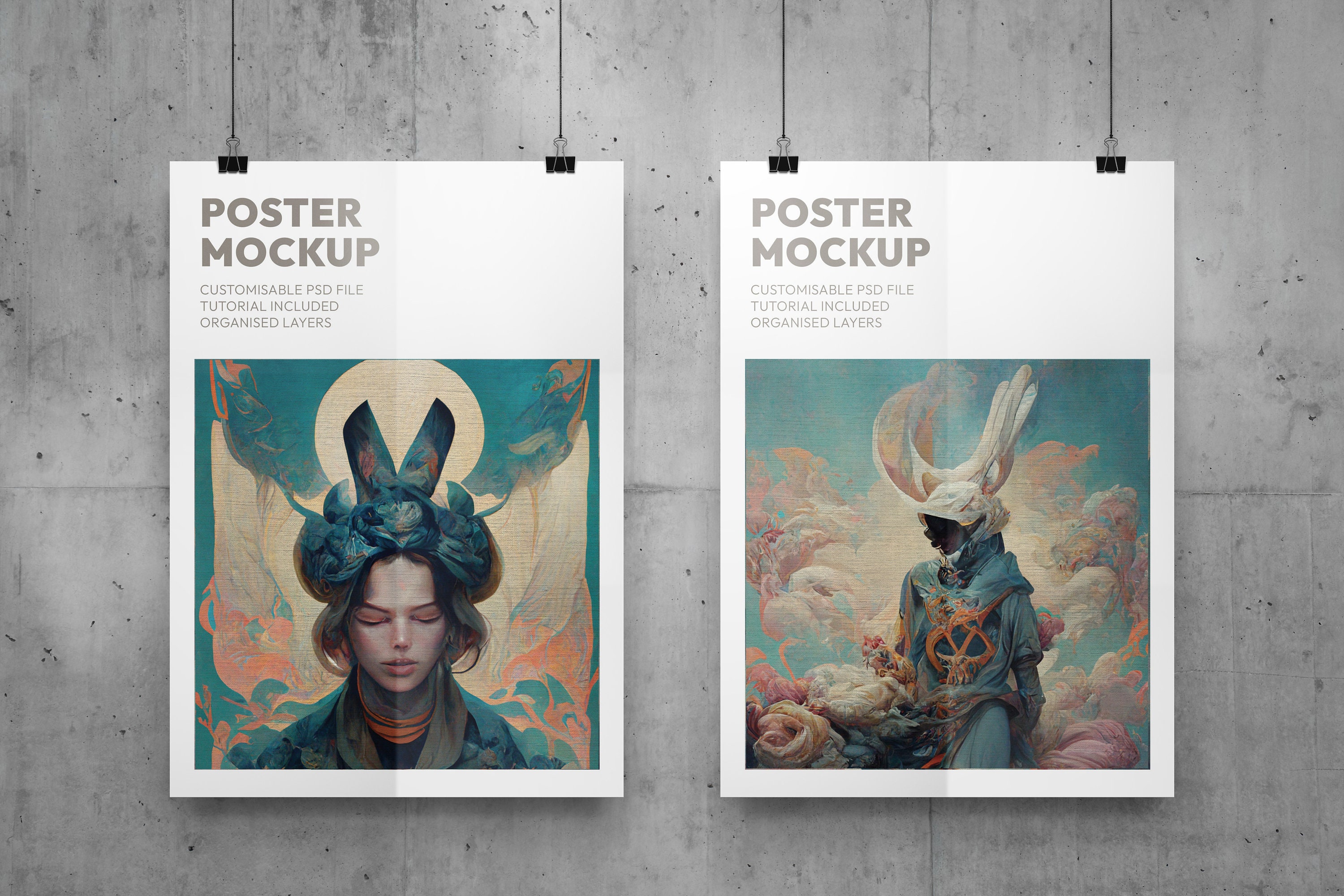 Dual Clipped Hanged Textured Poster Mockup | Colourful Modern ...