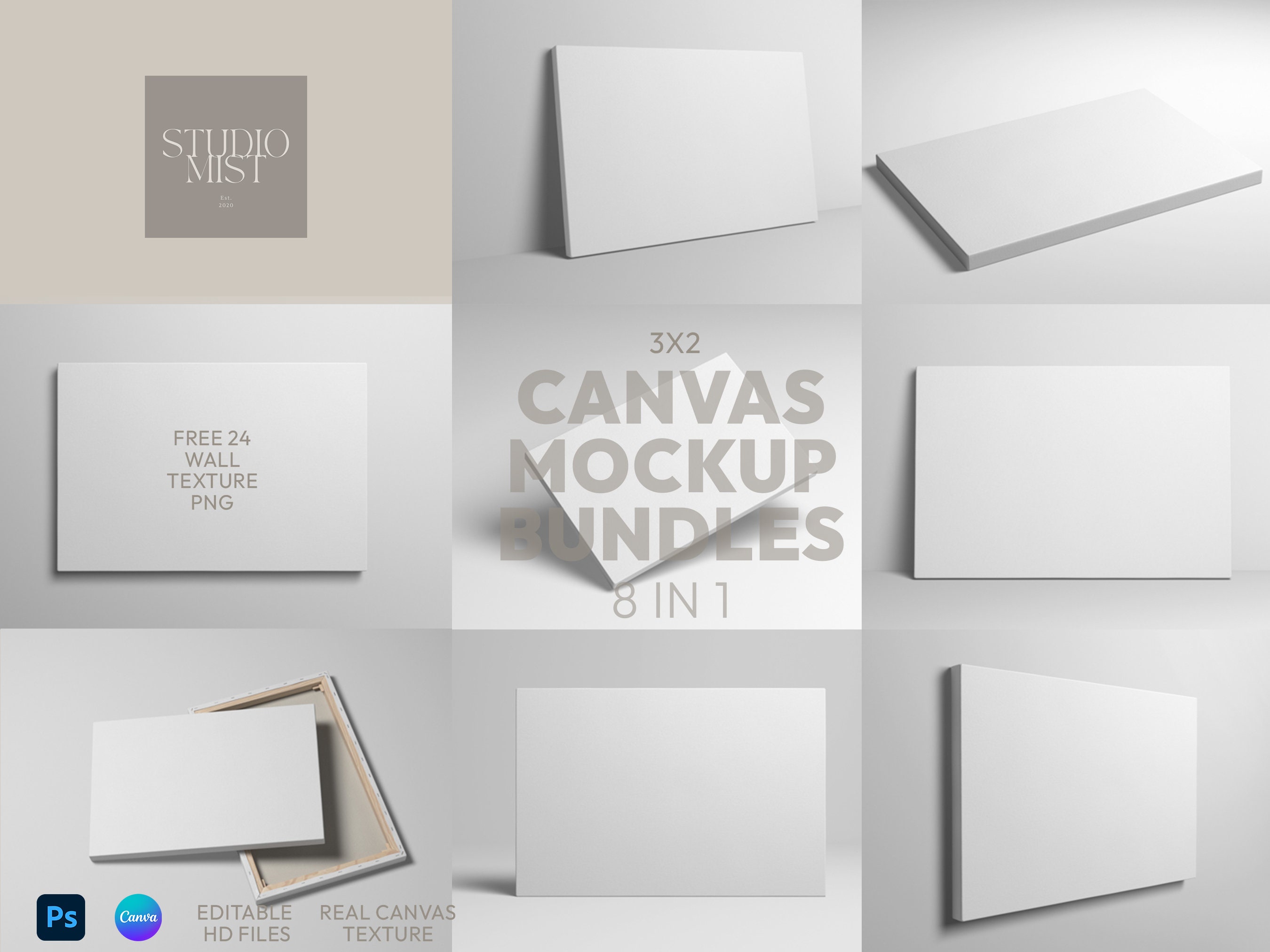 3x2 Horizontal Landscape White Canvas Mockup Bundle 8in1 + Free Texture ...