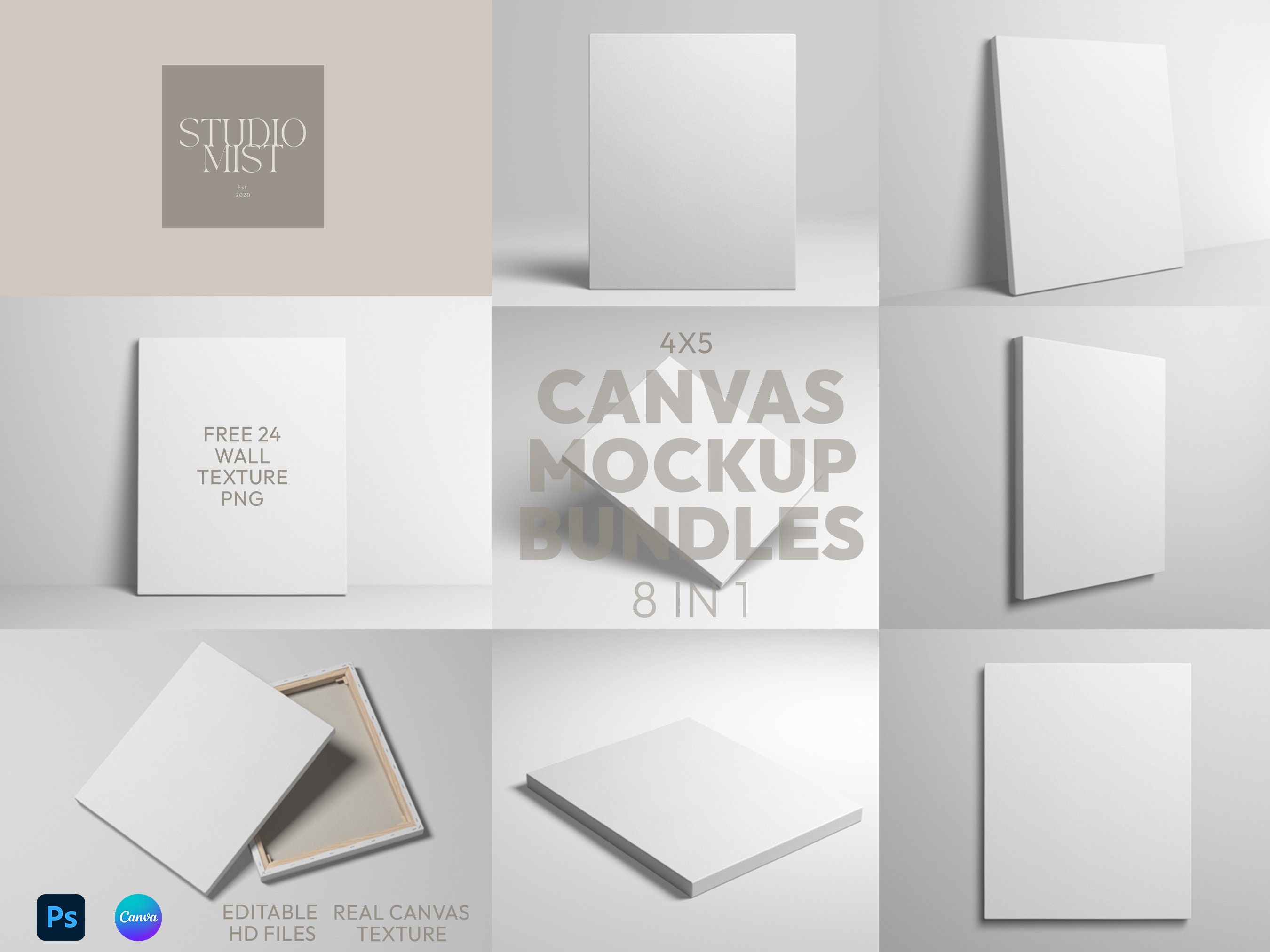 4x5 16x20 White Canvas Mockup Bundle 8in1 Free 24texture Pack Modern ...