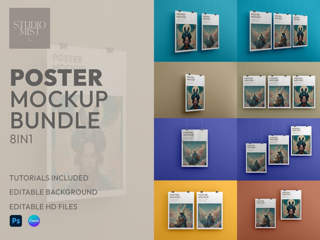 Clipped Hanged Textured Poster Mockup Bundle 8in 1 | Colourful Modern ...