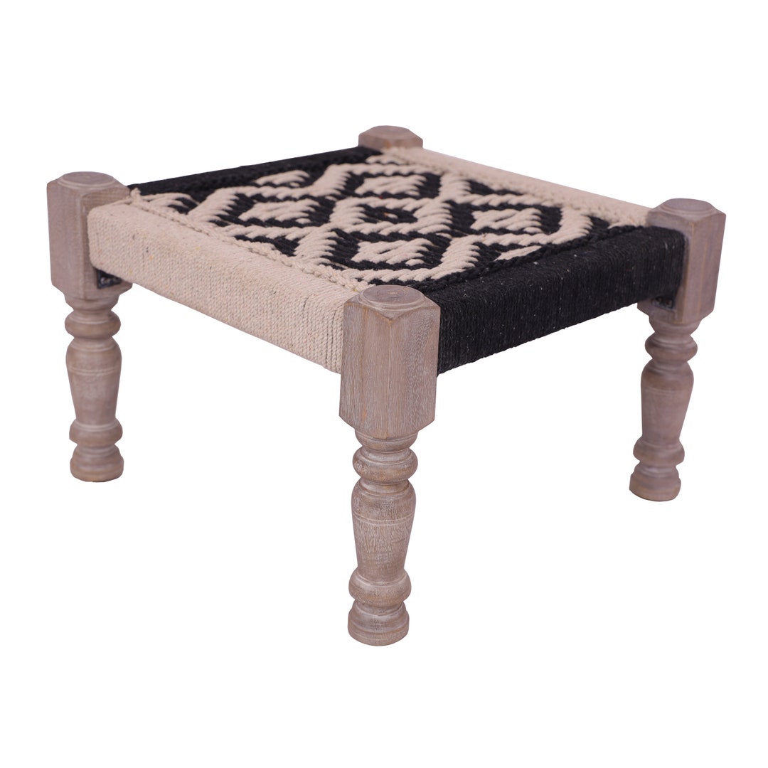 Traditional Indian Wooden Cotton Rope Woven Bench Stool, Small Ottoman ...