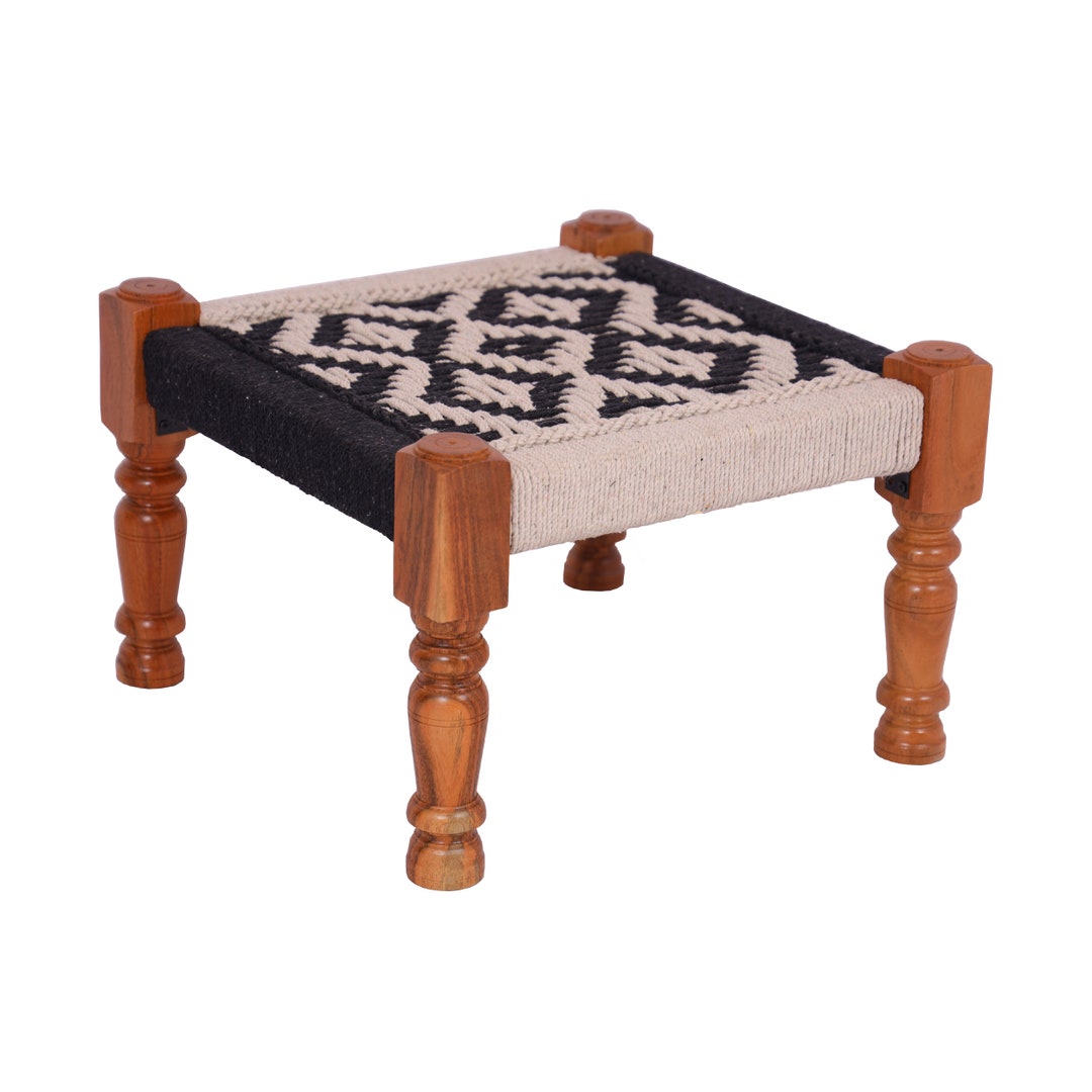 Traditional Indian Wooden Cotton Rope Woven Bench Stool, Small Ottoman ...