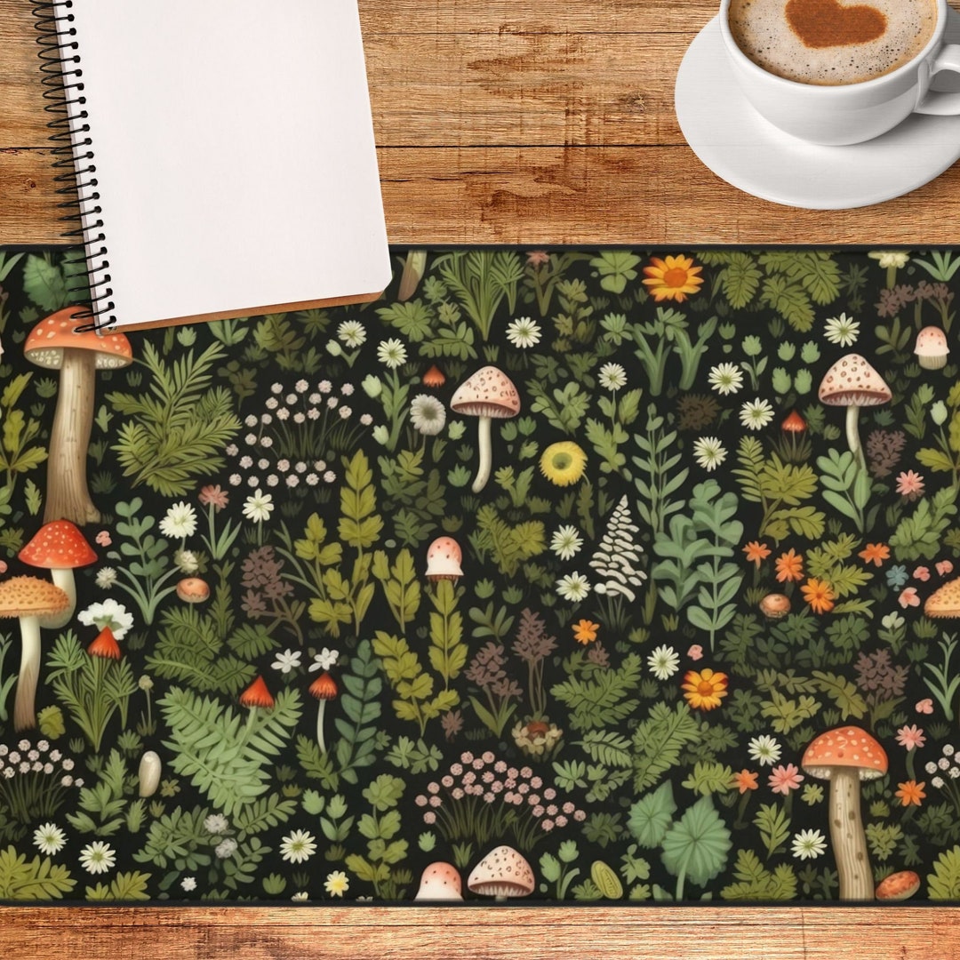 Mushroom Desk Mat, Botanical Desk Mat, Dark Floral Office Decor, Nature ...