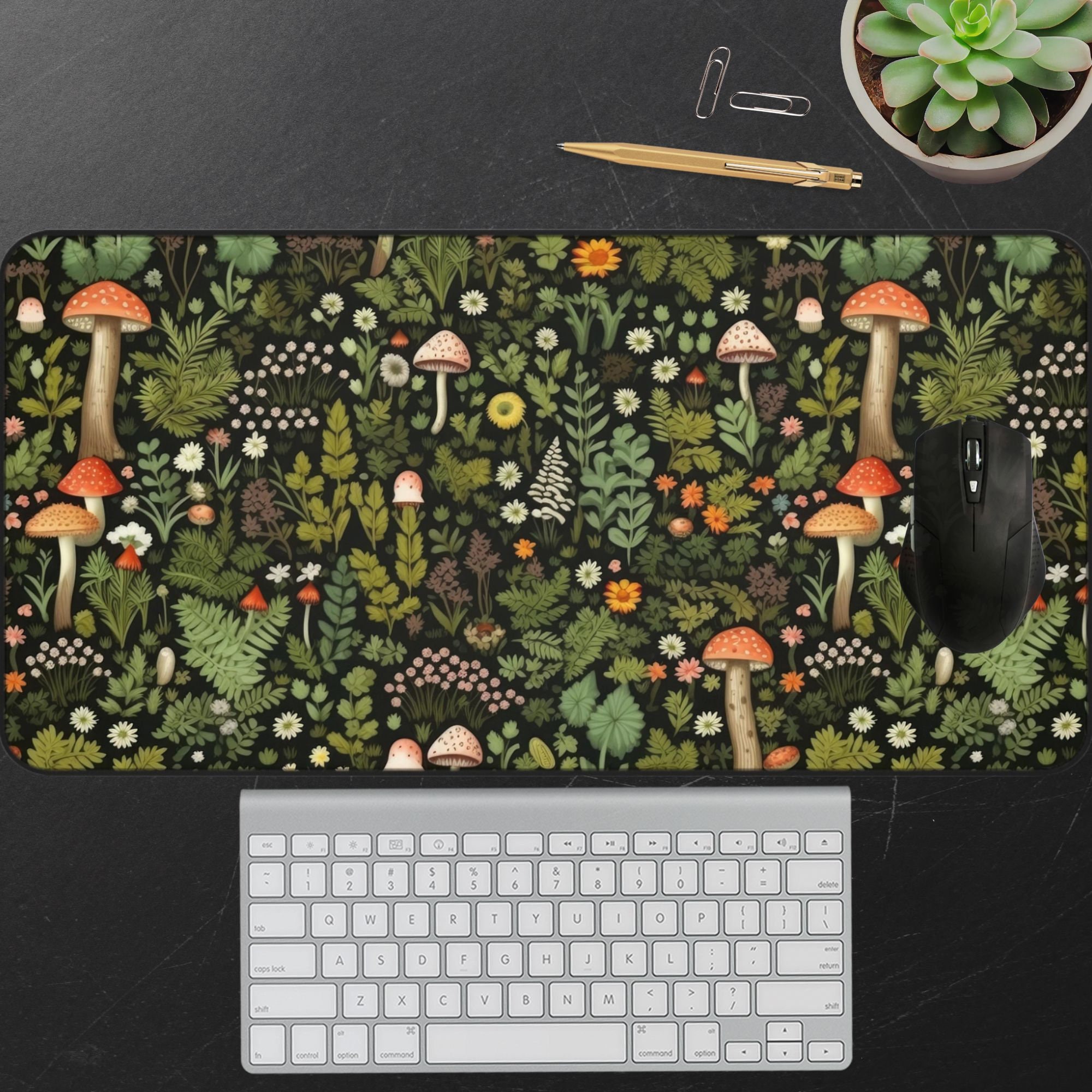 Mushroom Desk Mat, Botanical Desk Mat, Dark Floral Office Decor, Nature ...