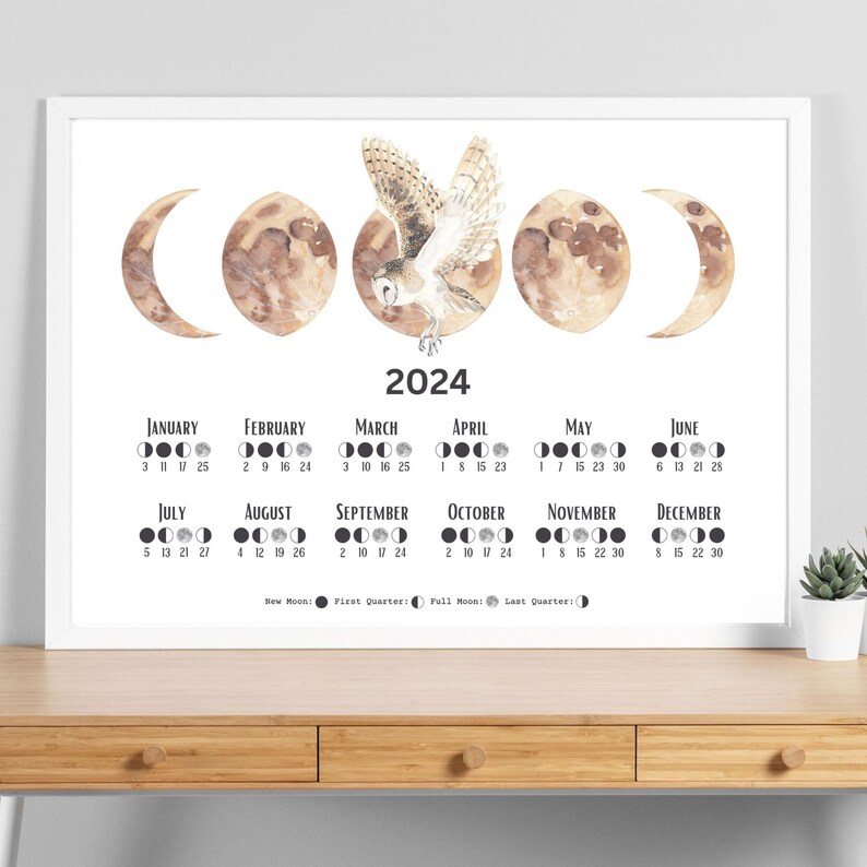 Moon Phases 2024, Lunar Calendar, Moon Calendar, Moon Phase Chart, Owl ...