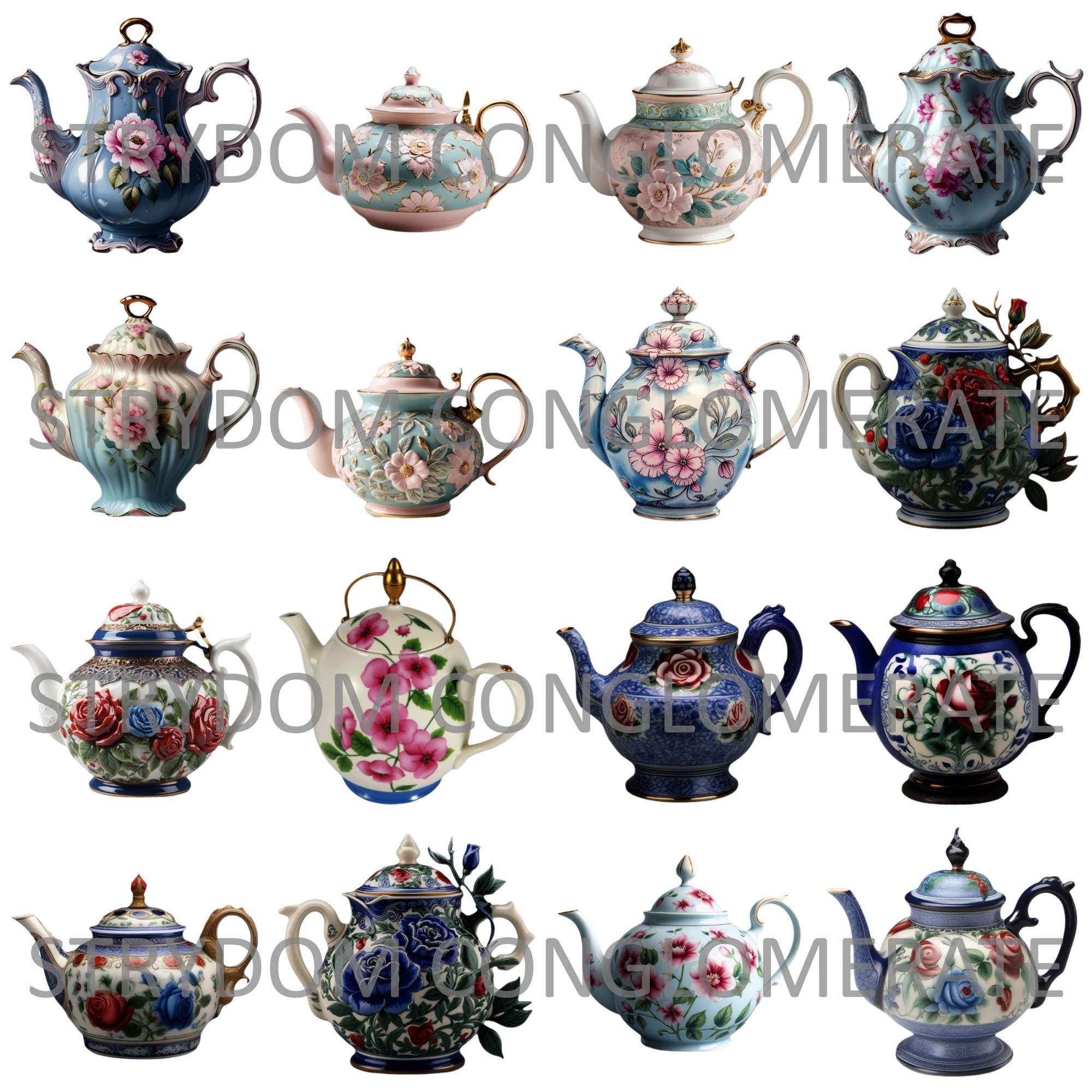 16 Vintage Tea Set Clipart, Floral Tea Set, Printable Watercolor ...