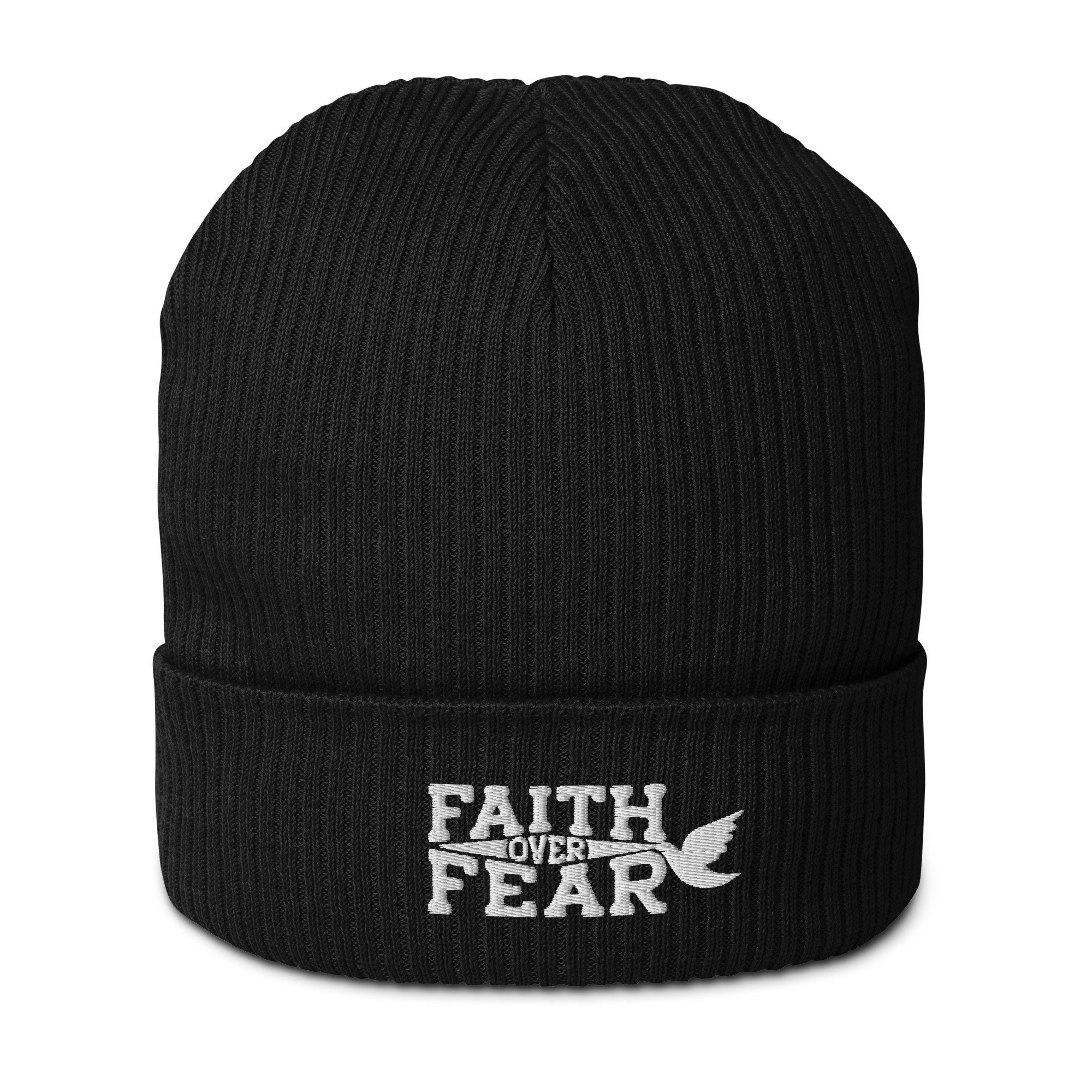 FAITH OVER FEAR Organic Ribbed Beanie, Beanie Hat Jesus, God's Wear ...