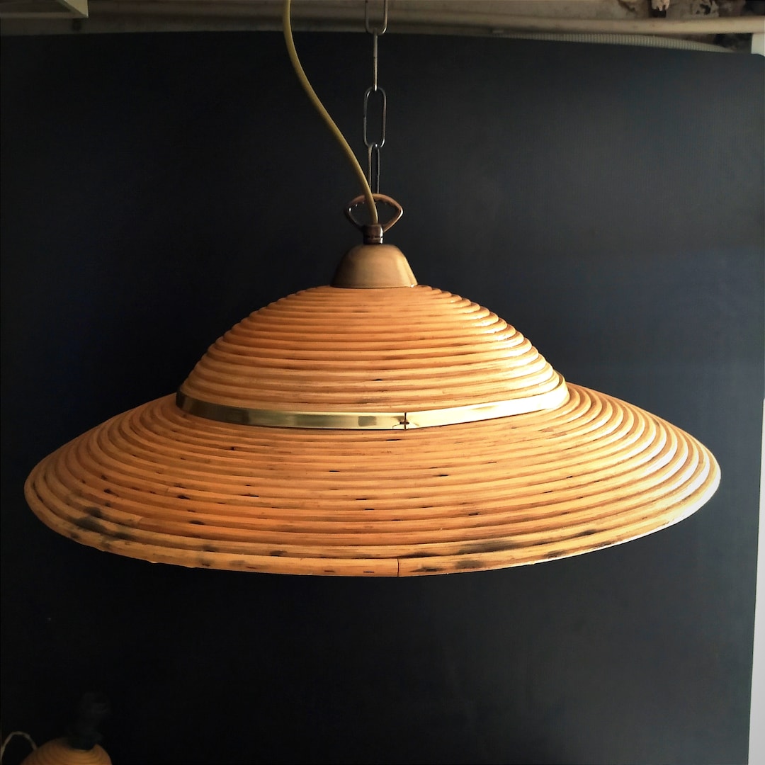 1970's Pencil Reed Pendant Light With Brass Decor. - Etsy