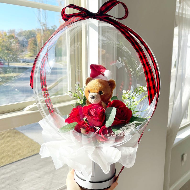 Christmas Teddy Bear Rose Flower Bobo Balloon Bouquet White Box ...