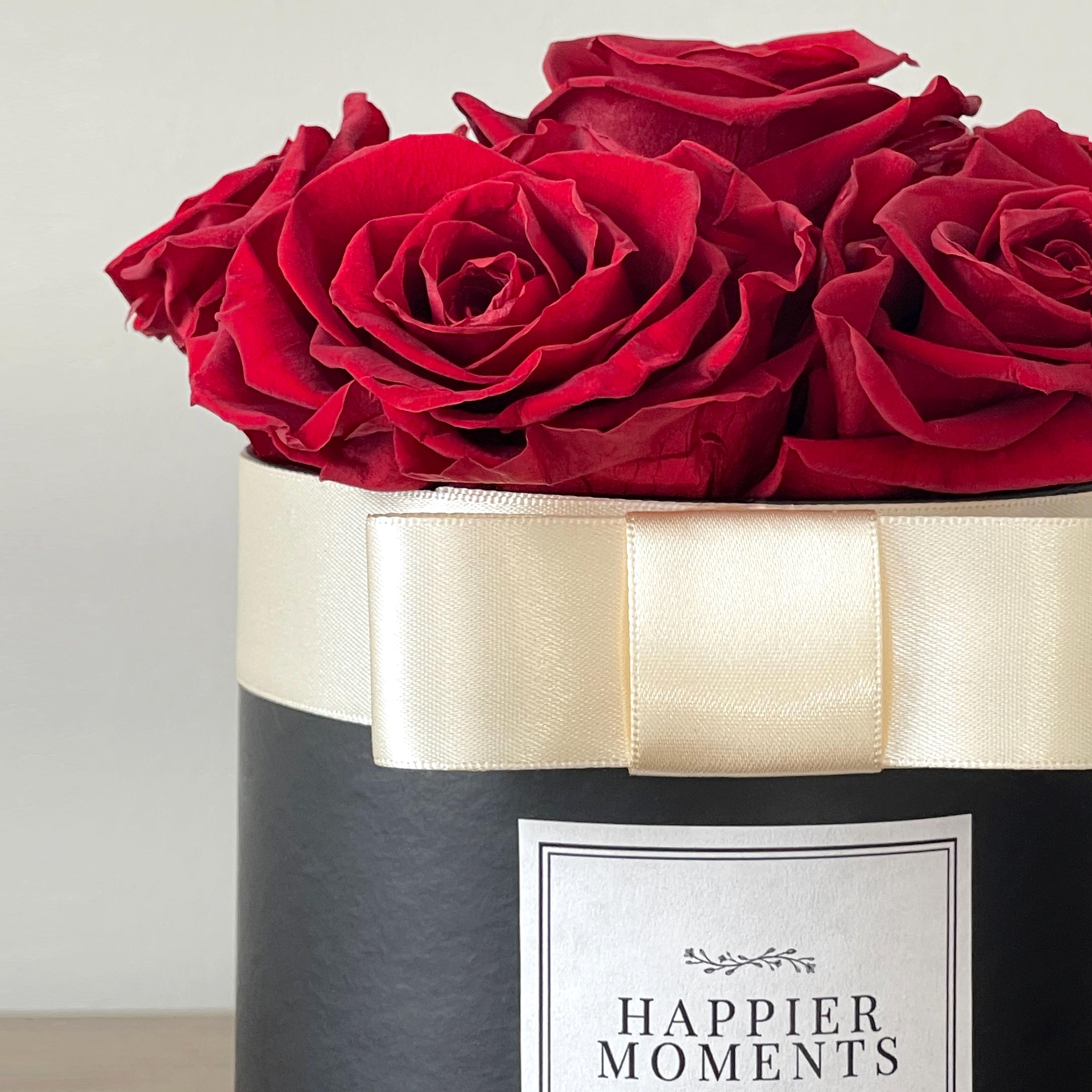 6 Red Preserved Roses Personalized Message Black Round Gift Box ...