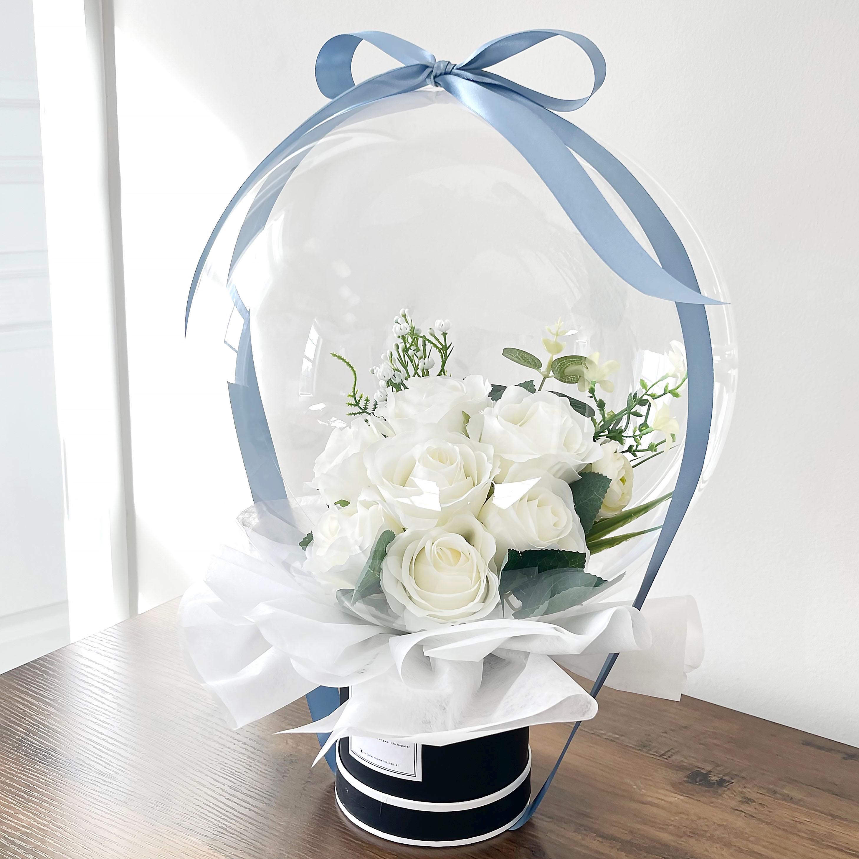 White Rose Flower Bobo Balloon Bouquet Black Box Blue Ribbon Birthday ...