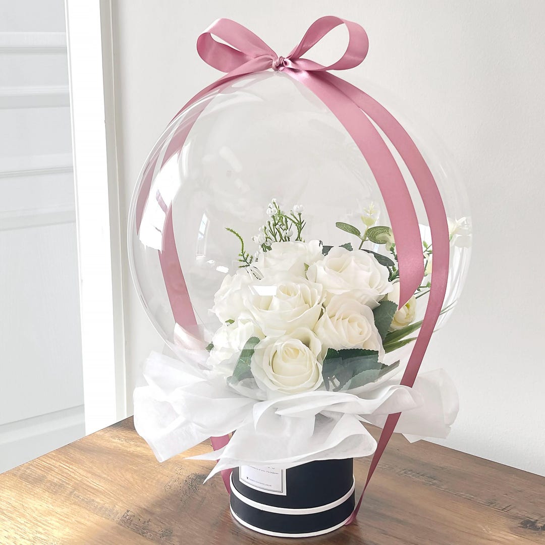 White Rose Flower Bobo Balloon Bouquet Black Box Pink Ribbon | Birthday ...