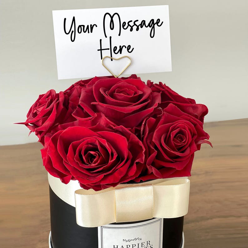 6 Red Preserved Roses Personalized Message Black Round Gift Box ...