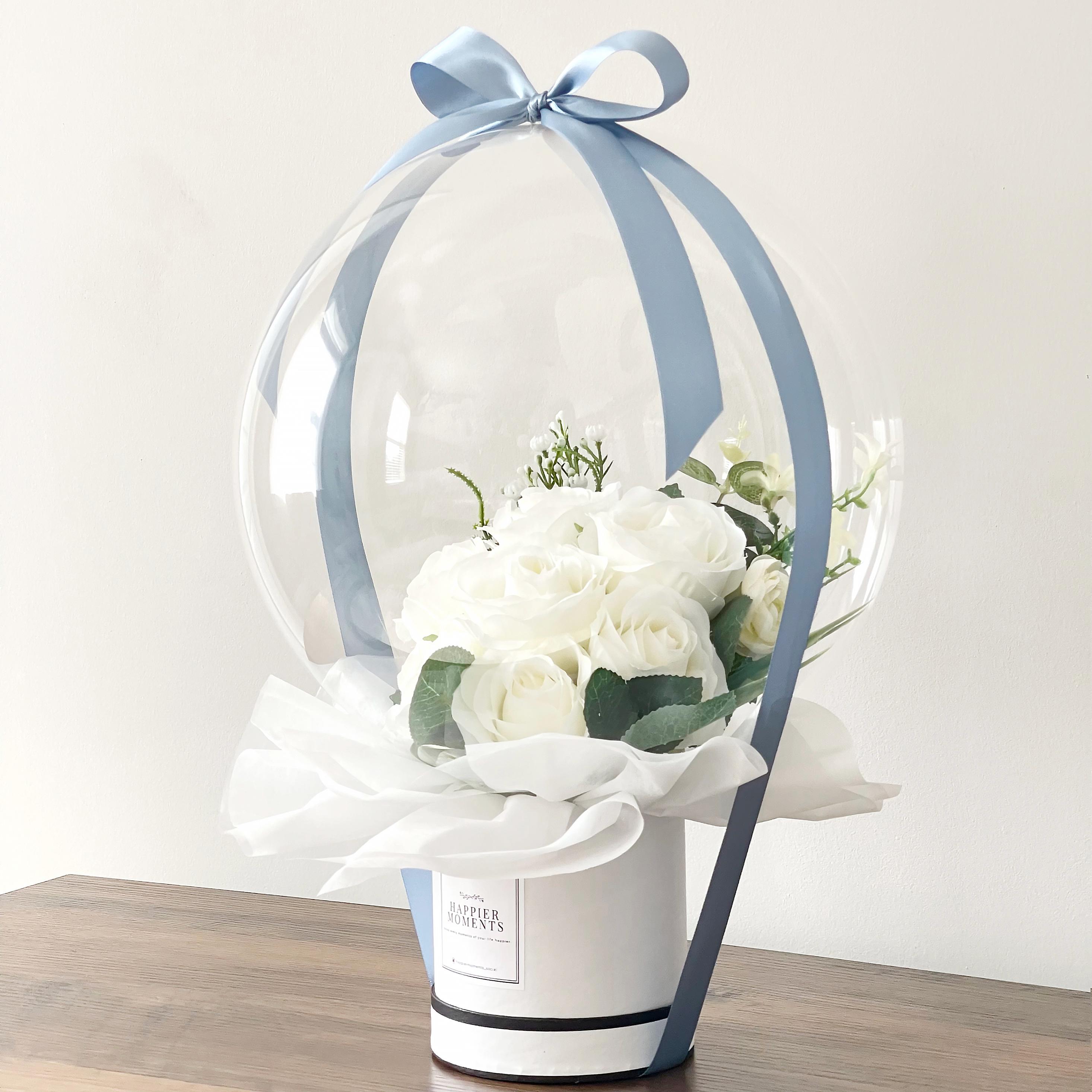White Rose Flower Bobo Balloon Bouquet White Box Blue Ribbon Birthday ...