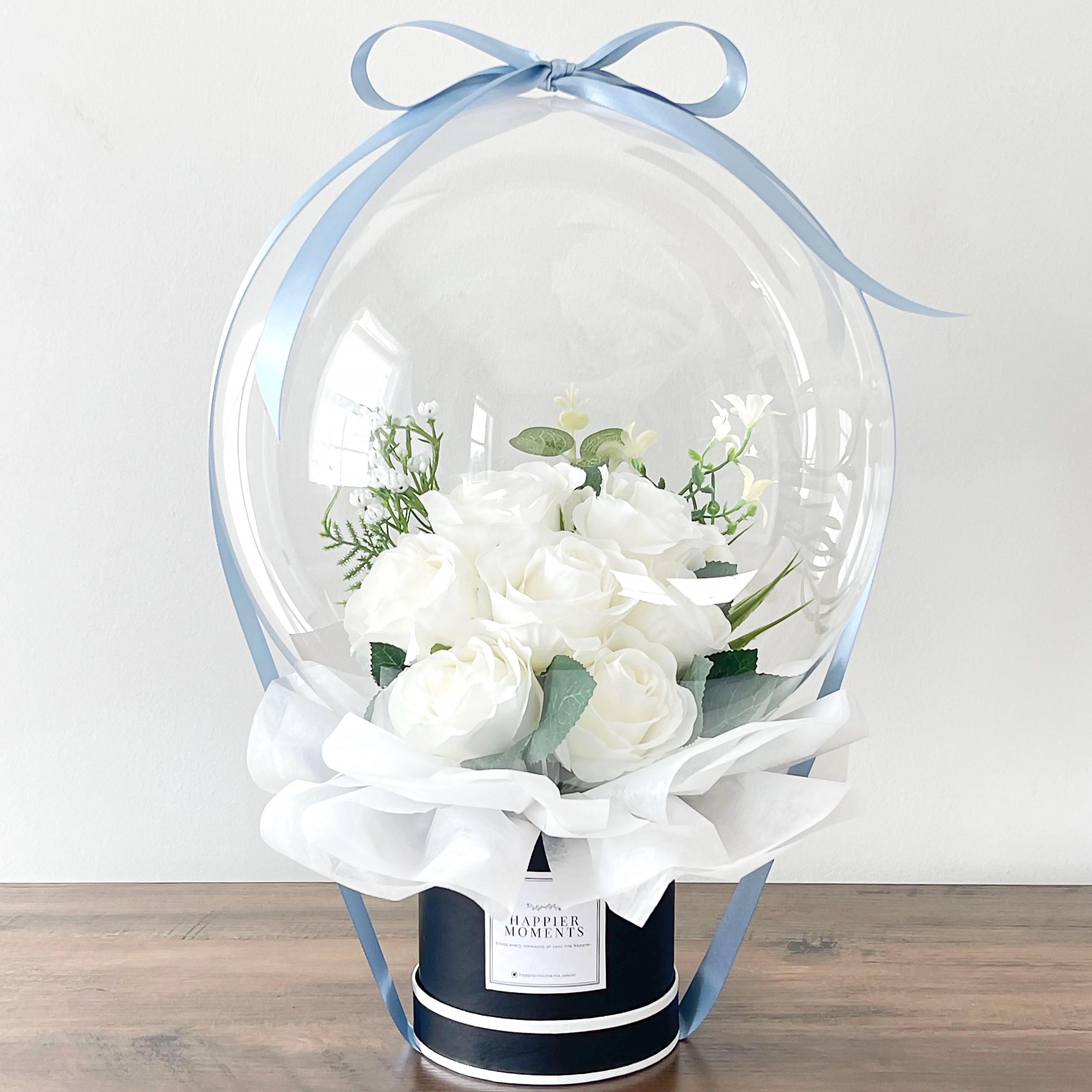 White Rose Flower Bobo Balloon Bouquet Black Box Blue Ribbon Birthday ...