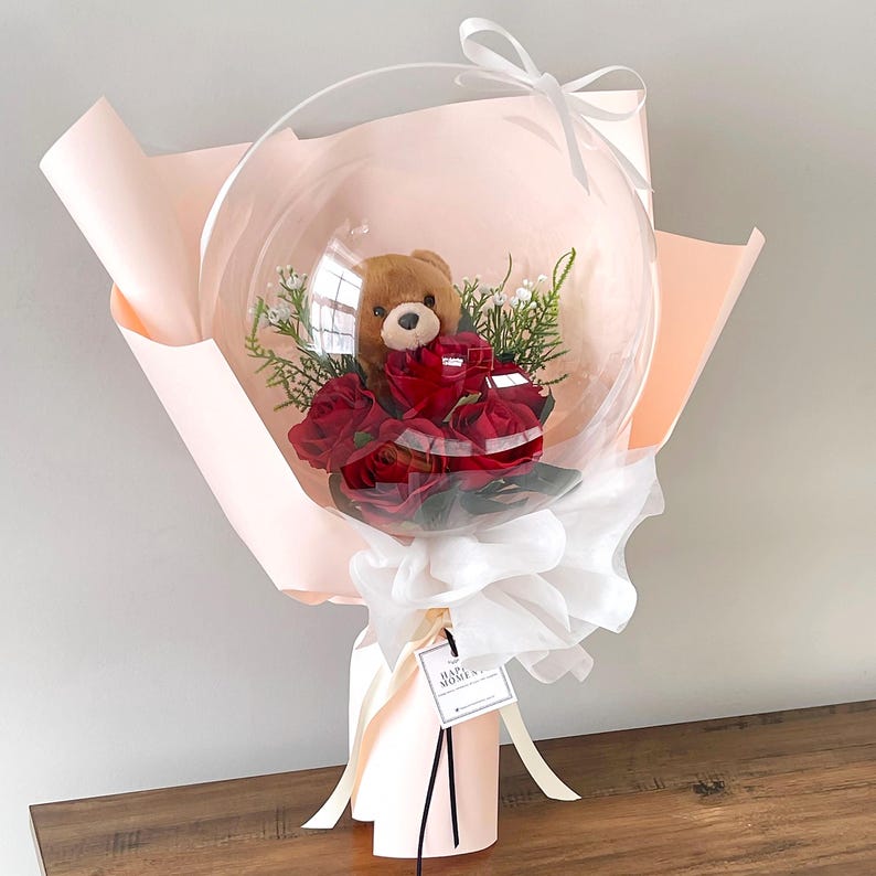 Teddy Bear Red Rose Flower Balloon Bouquet Peach Flower Wrapping Paper ...