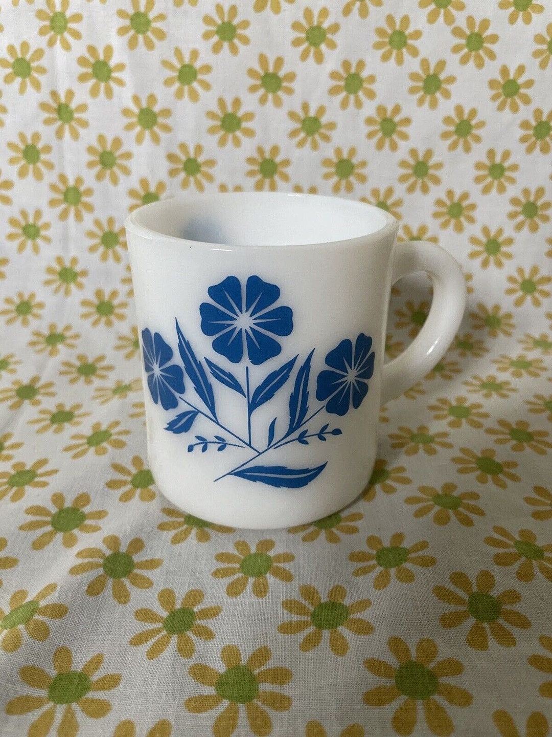 Vintage Milk Glass Mug With Blue Flowers - Etsy