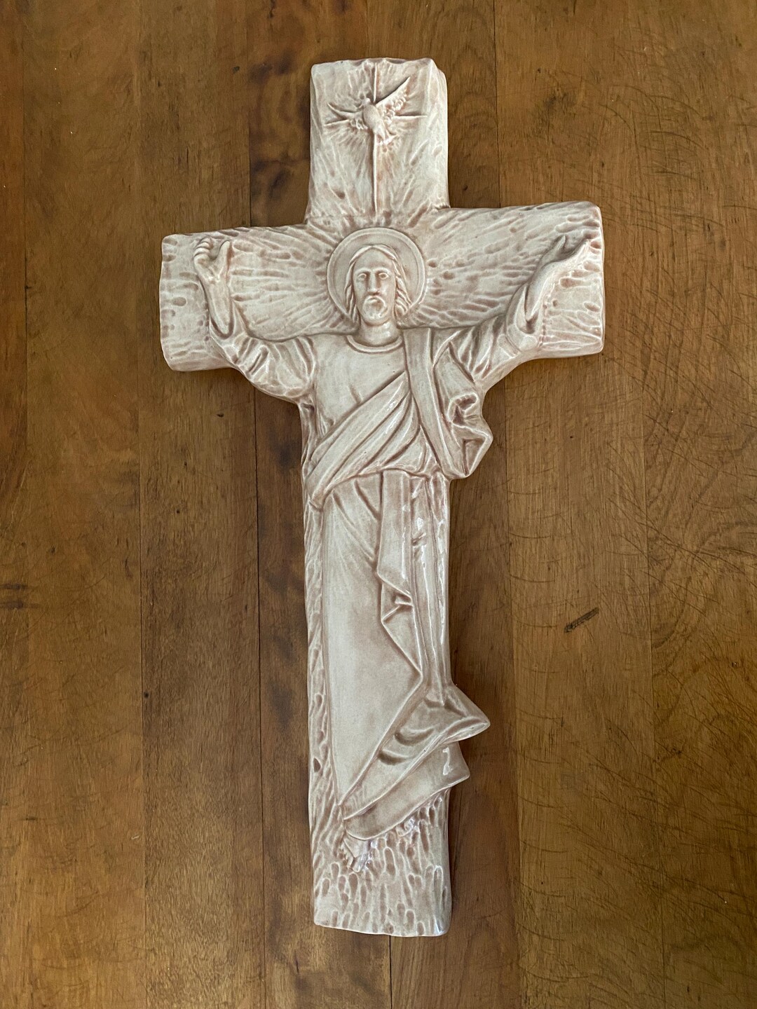 Vintage 1970s Large 19” X 11” Handmade Cream Ceramic Plaster Crucifix ...
