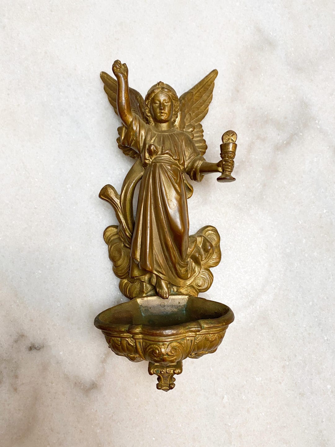 Vintage Bronze Angel Cherub Holy Water Font Wall Hanging, Mid Century ...