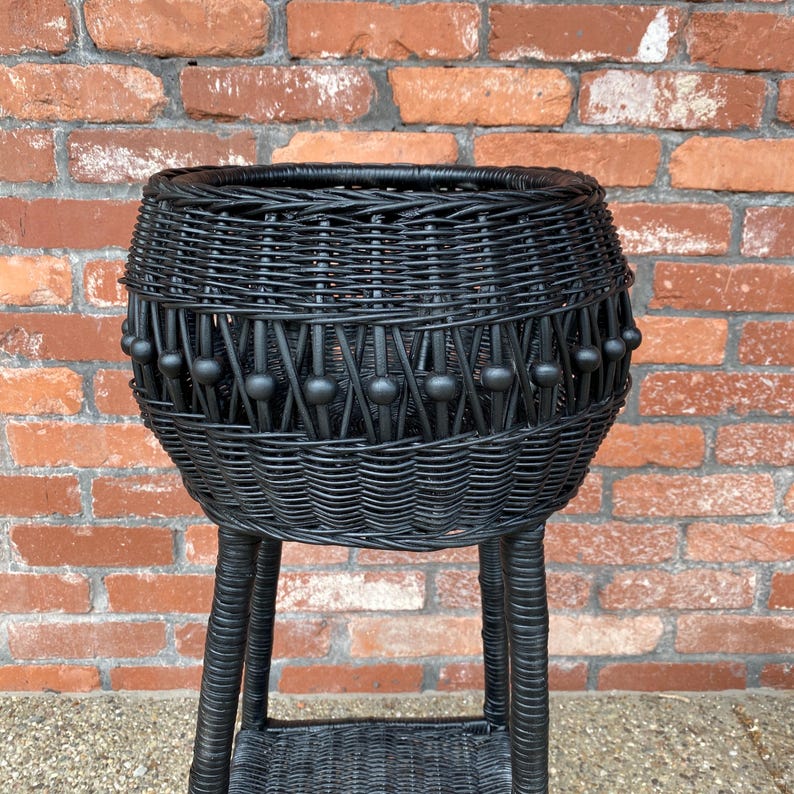 Vintage Black Rattan Wicker 2 Tier Indoor Round Planter Plant Stand ...