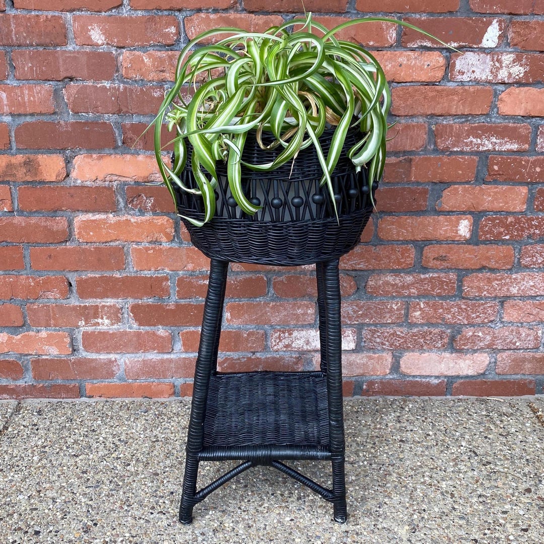 Vintage Black Rattan Wicker 2 Tier Indoor Round Planter Plant Stand ...