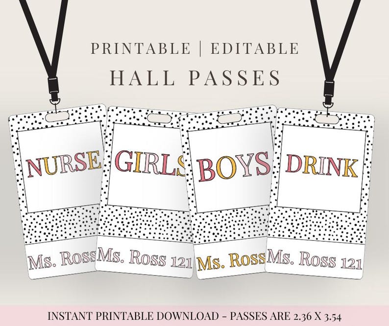Printable Hall Passes Editable Name, Instant Download, Classroom ...