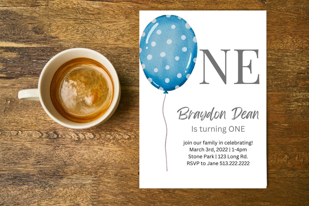 Baby First Birthday Invitation, Blue Balloon Invite, Turning One, Baby ...