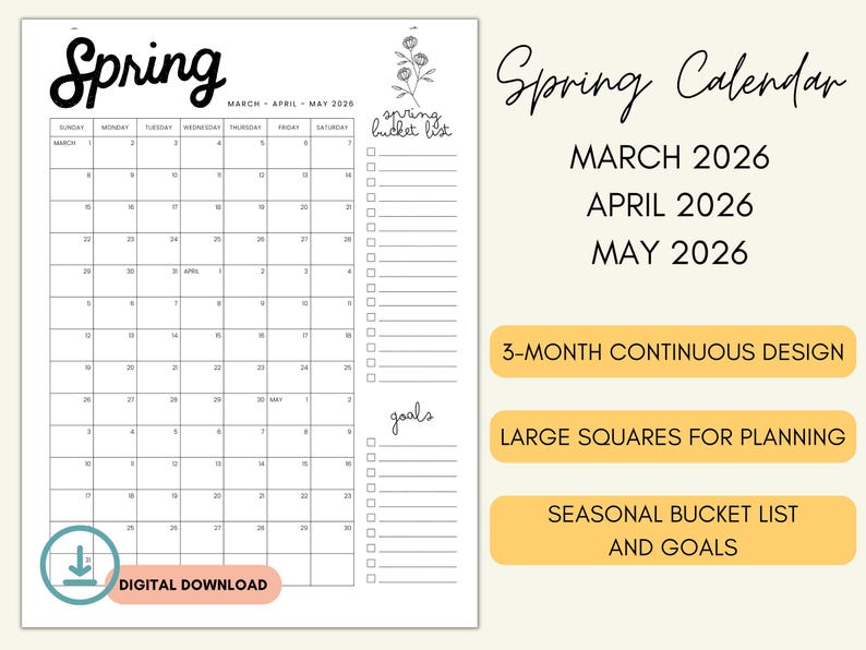 Giant 2026 Spring (mar-may) Wall Calendar *w/bucket LIST & GOALS* - Etsy