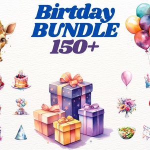 Watercolour Birthday Clipart Bundle, Birthday Baloons Clipart, Gift ...