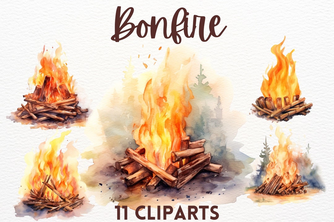 Watercolour Bonfire Clipart Bundle, Midsummer Clipart, Fire Clipart ...