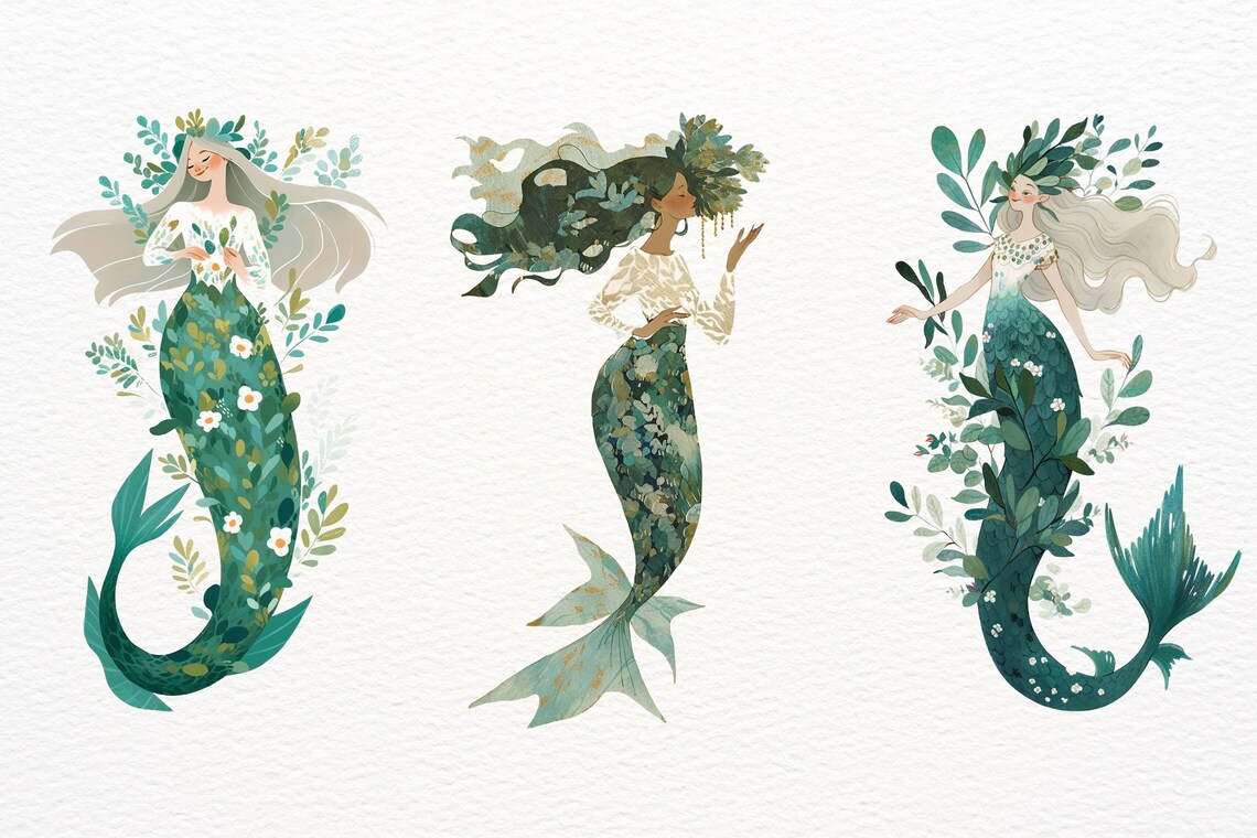 Best Folk Art Mermaid Clipart Bundle, Magical Cute Mermaids, Instant ...