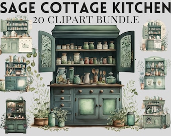 Cottagecore Kitchen Clipart Bundle, Watercolour Sage Countryside, Farm ...