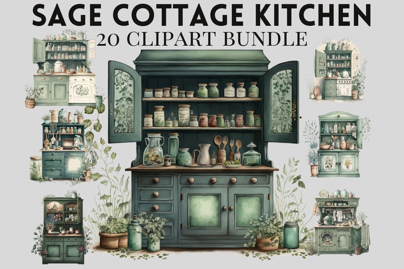Watercolour Sage Cottagecore Kitchen Clipart Bundle Cottage - Etsy