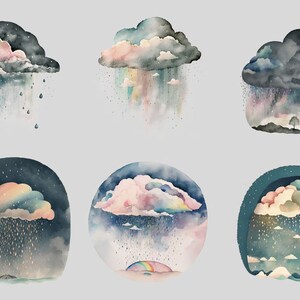Watercolour Rain Cloud Clipart Bundle, Rainy Days, Thunderstorm, Pastel ...