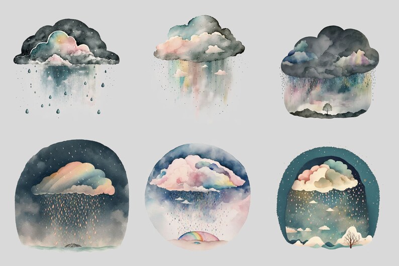 Watercolour Rain Cloud Clipart Bundle, Rainy Days, Thunderstorm, Pastel ...