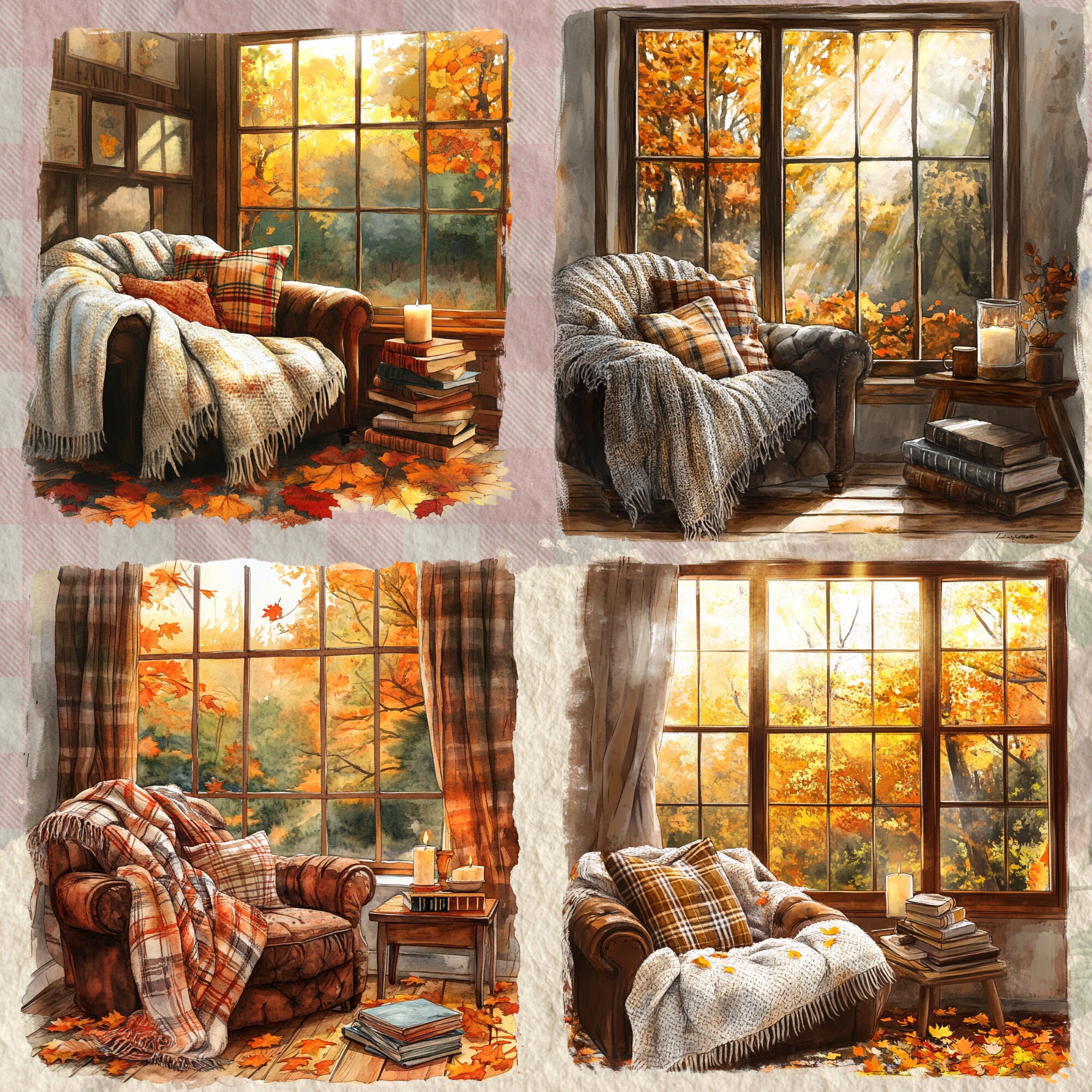 Watercolour Autumn Cozy Nook Clipart Bundle, Cozy Autumn Reading Corner ...