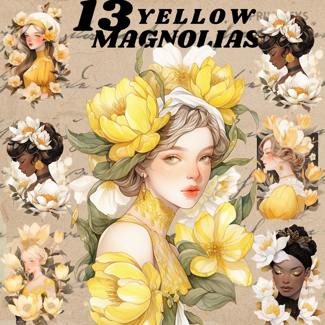 Fantasy Yellow Magnolia Girl Digital Stickers, Spring Clipart ...