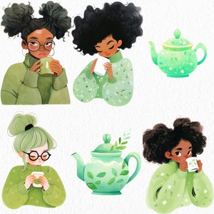 Cute Green Tea Girl Digital Stickers, Cozy Tea Drinking Clipart ...
