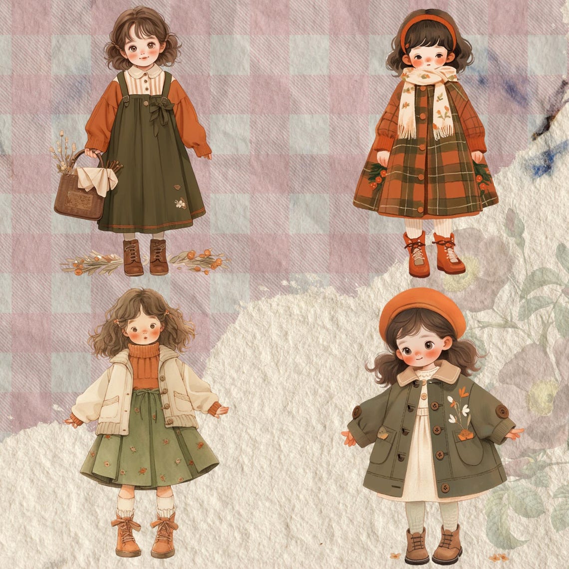 Cute Cottagecore Toddler Kid Fashion Outfit Clipart Bundle, Vintage ...