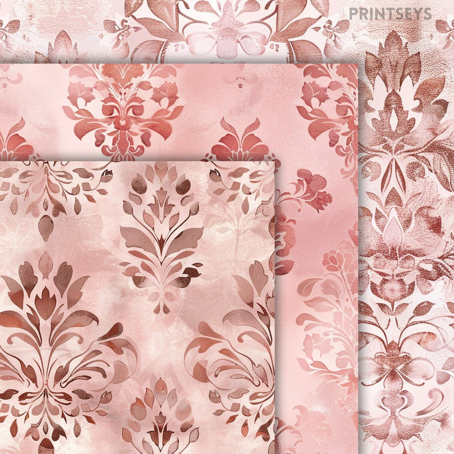 Pink Colour Damask Digital Paper, Rustic Vintage Textured Paper ...