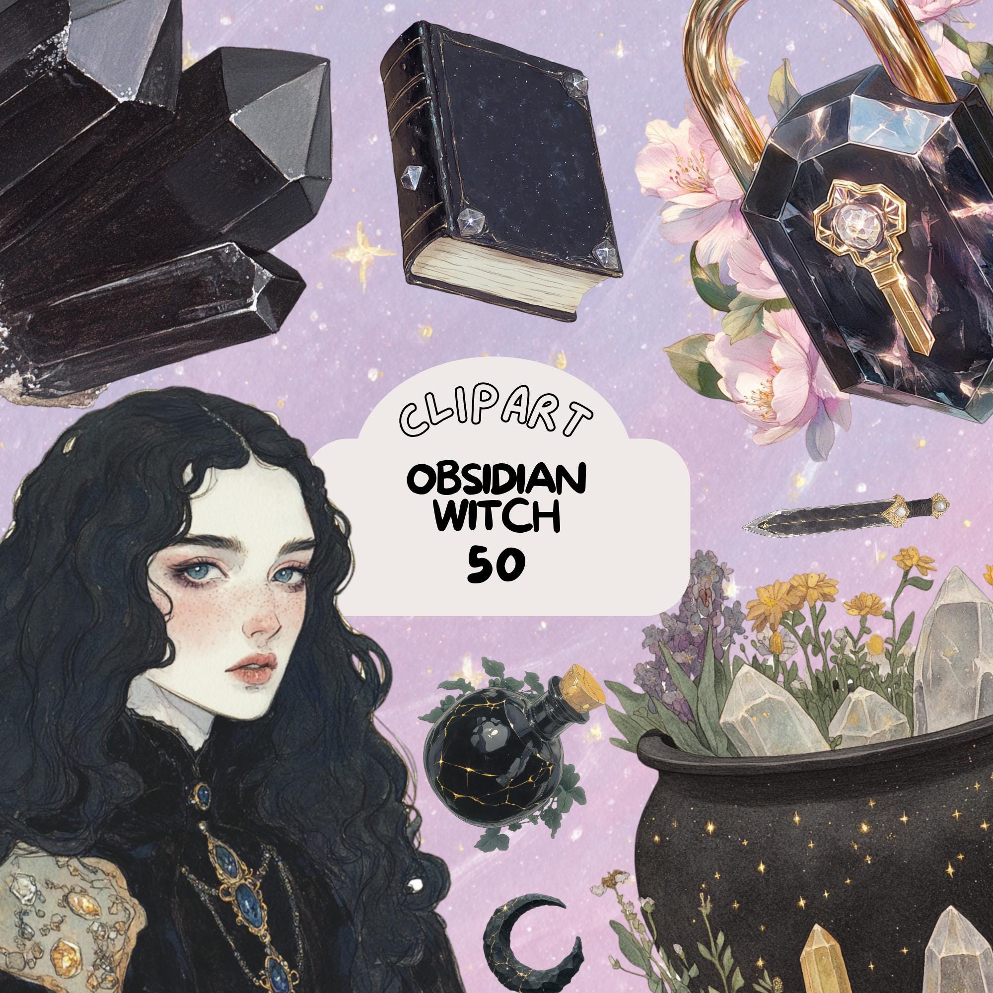 Obsidian Witch Clipart Bundle Crystal Wicca Sticker Set Magical ...