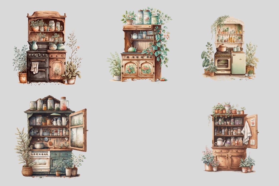 Watercolour Cottagecore Kitchen Clipart Bundle Cottage - Etsy