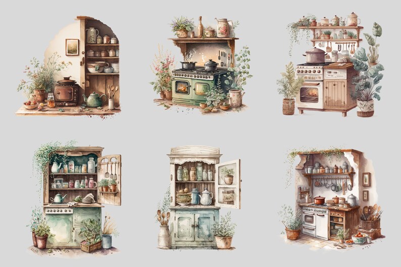 Watercolour Cottagecore Kitchen Clipart Bundle Cottage - Etsy