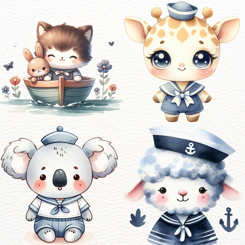Cute Animal Sailors Clipart Set, Cute Sailors Animals Stickers, Kawaii ...