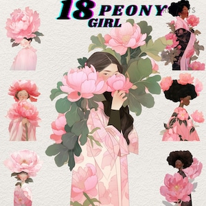 Fantasy Pink Peony Girl Digital Stickers, Spring Clipart Journaling ...
