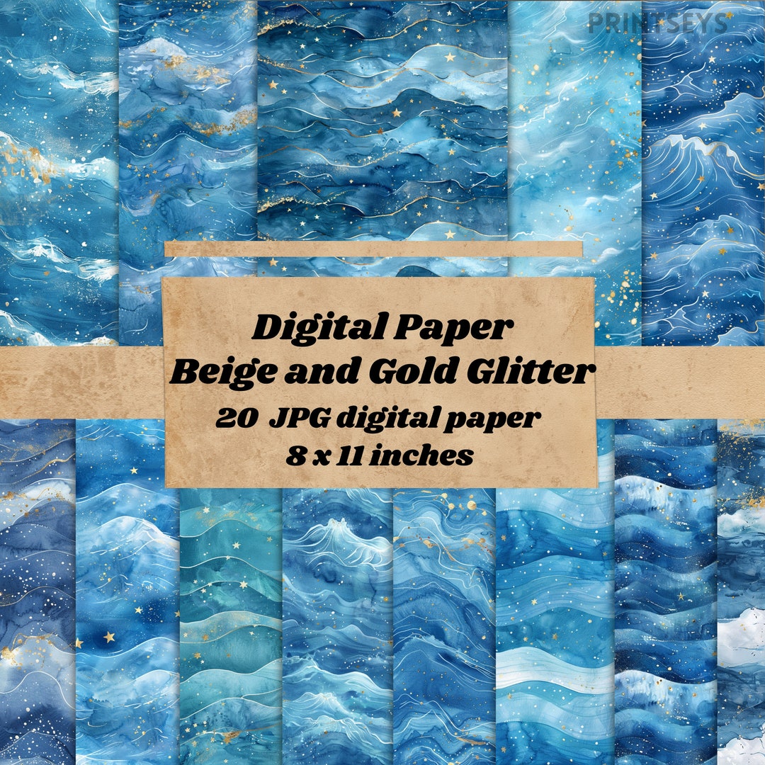 Azure and Gold Waves Digital Paper Background, Watercolour Water ...