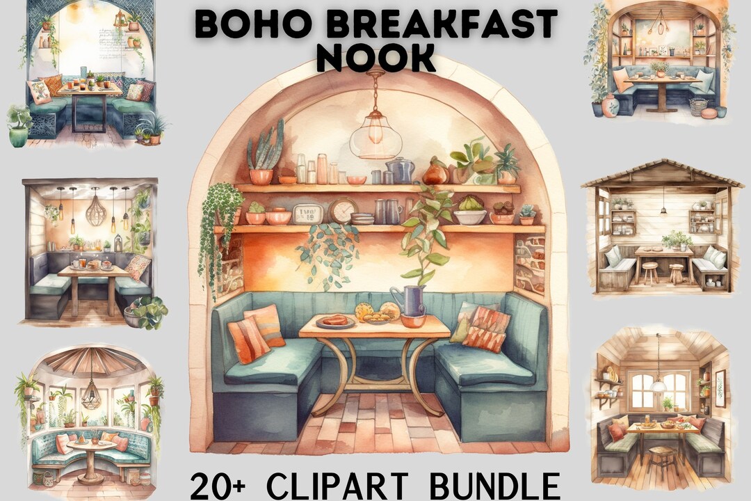 Watercolour Boho Breakfast Nook Clipart Bundle , Cottage Living, Farm ...